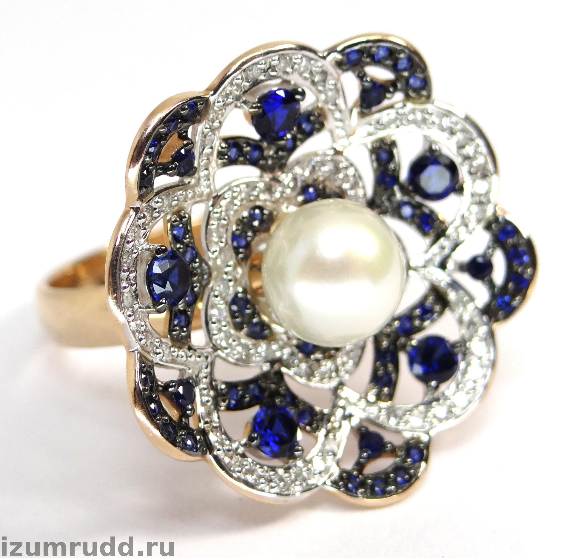 Золотое кольцо с жемчугом, бриллиантами и шпинелью
