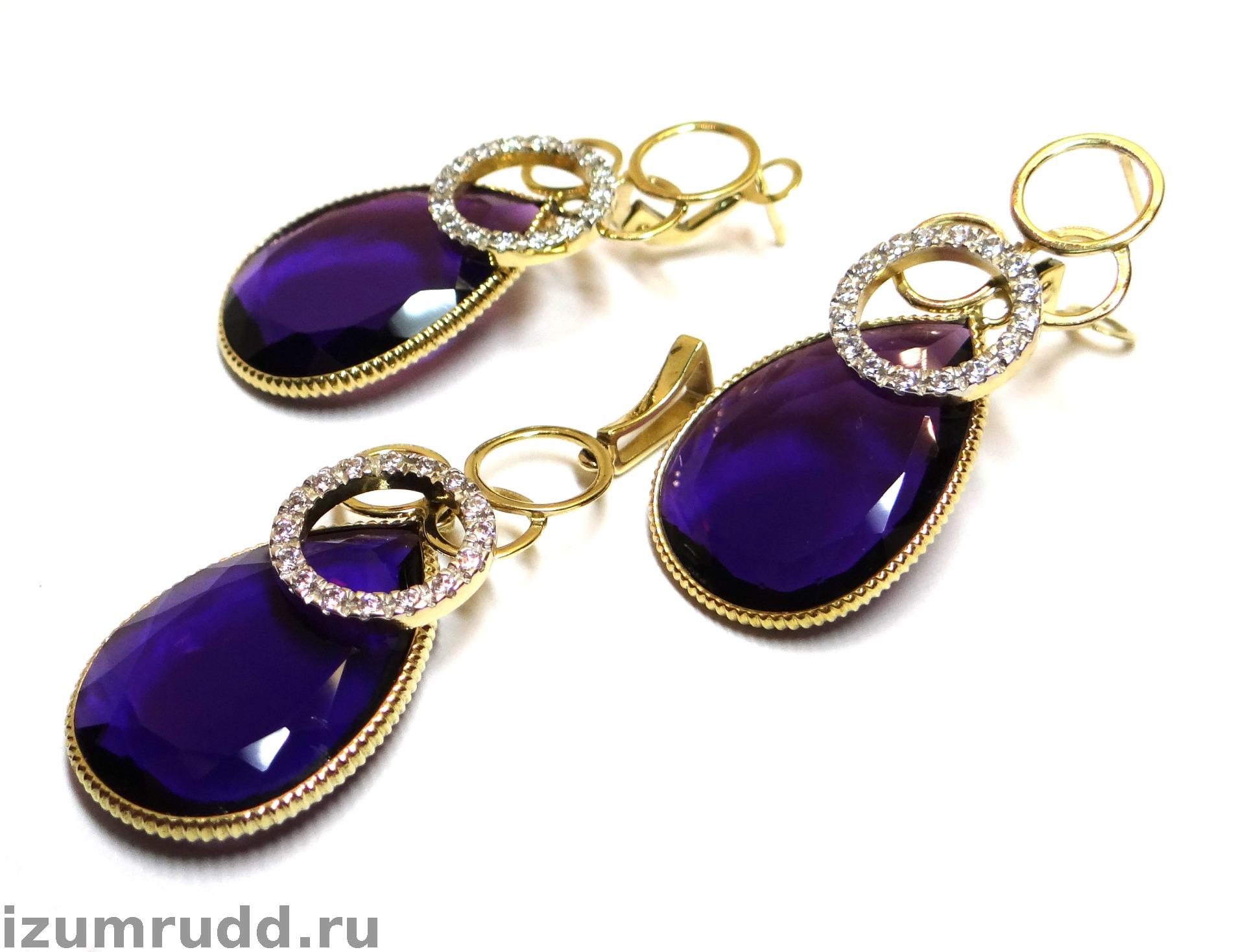 Крупные золотые серьги и кулон с аметистами